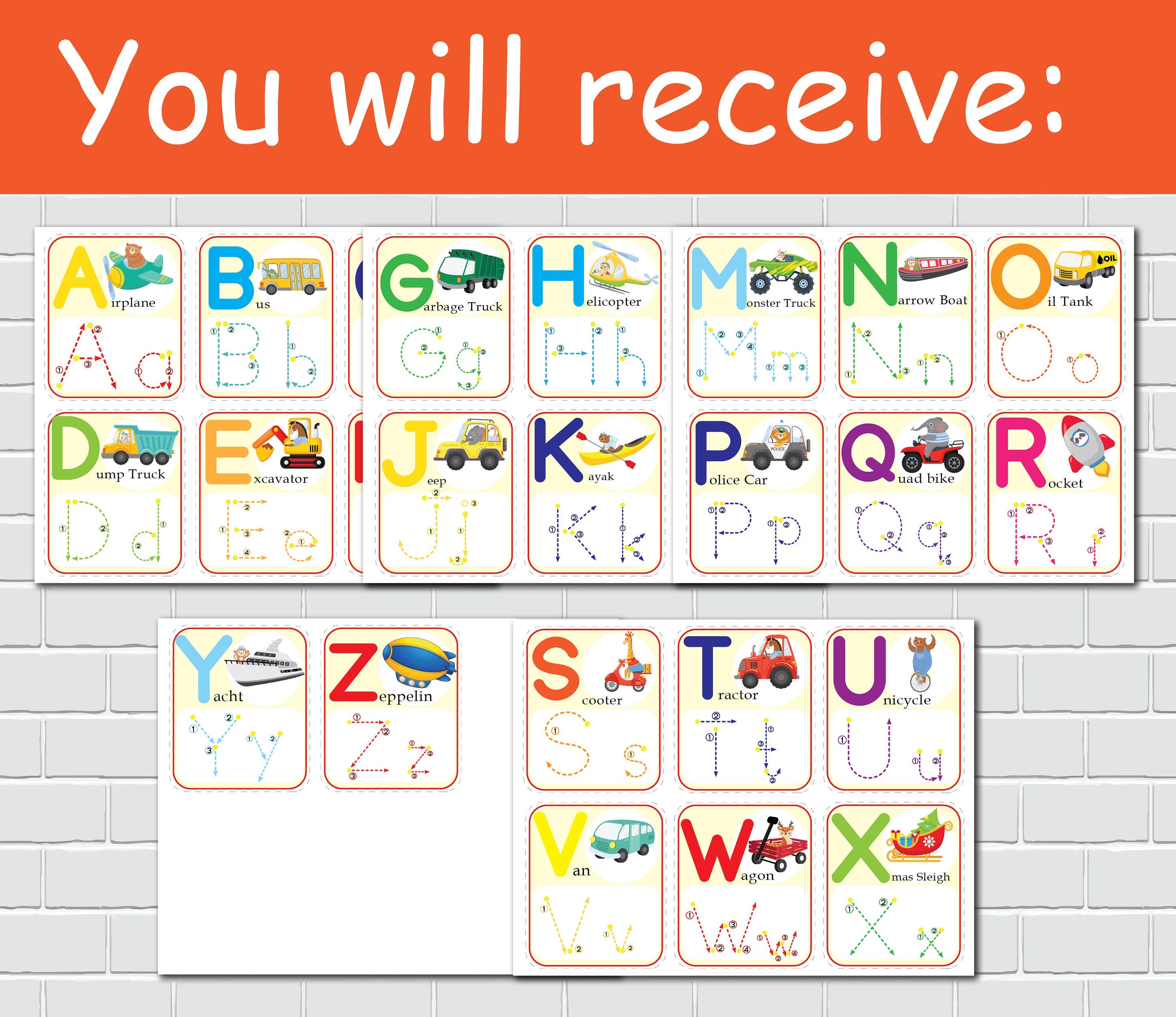 Alphabet Tracing Flashcards Cars and Trucks Printable Tracing - Etsy