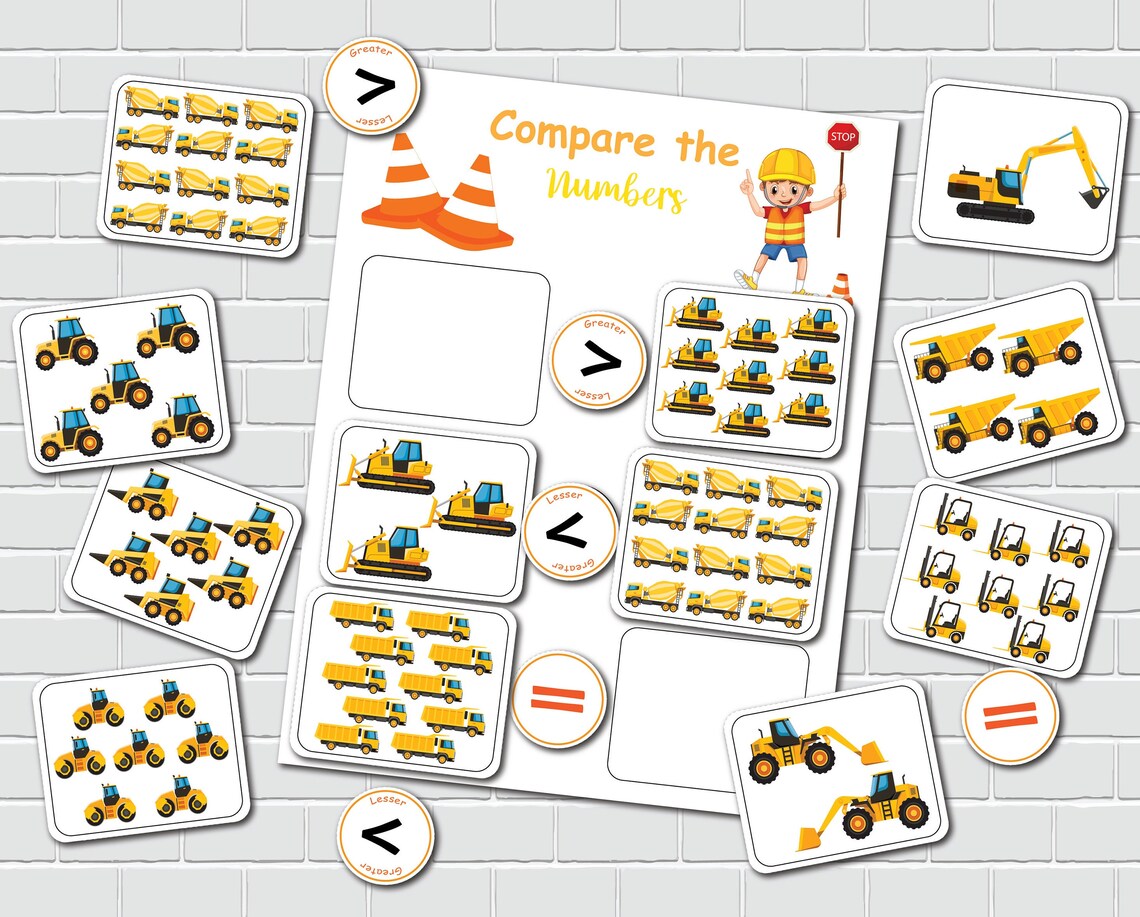 Comparing Numbers Construction Trucks Printable Activity for | Etsy