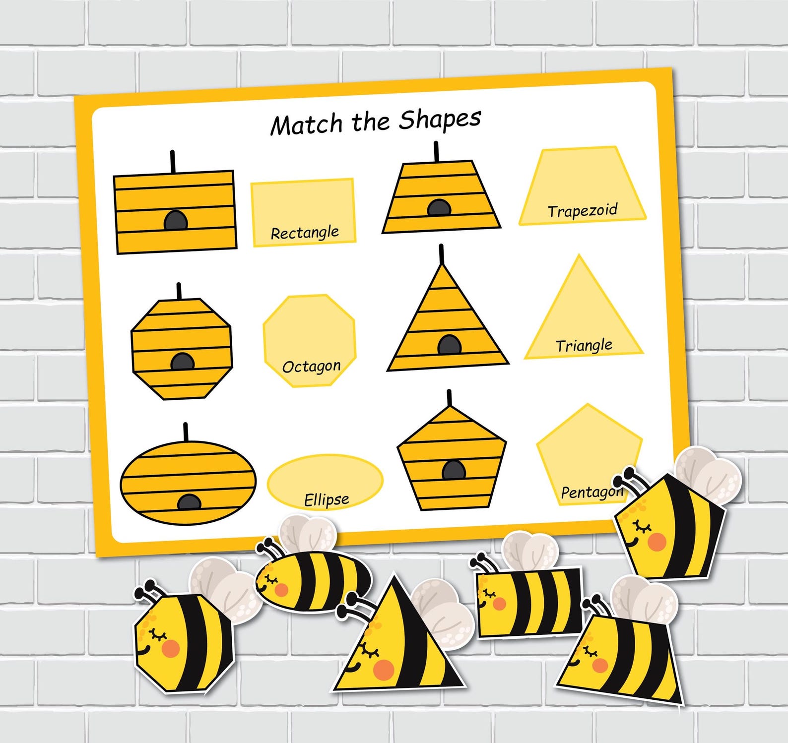 Bees and Beehive Shapes Matching Activity, 2D Shapes, Busy Book Page ...