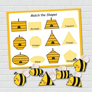 Bees and Beehive Shapes Matching Activity, 2D Shapes, Busy Book Page ...