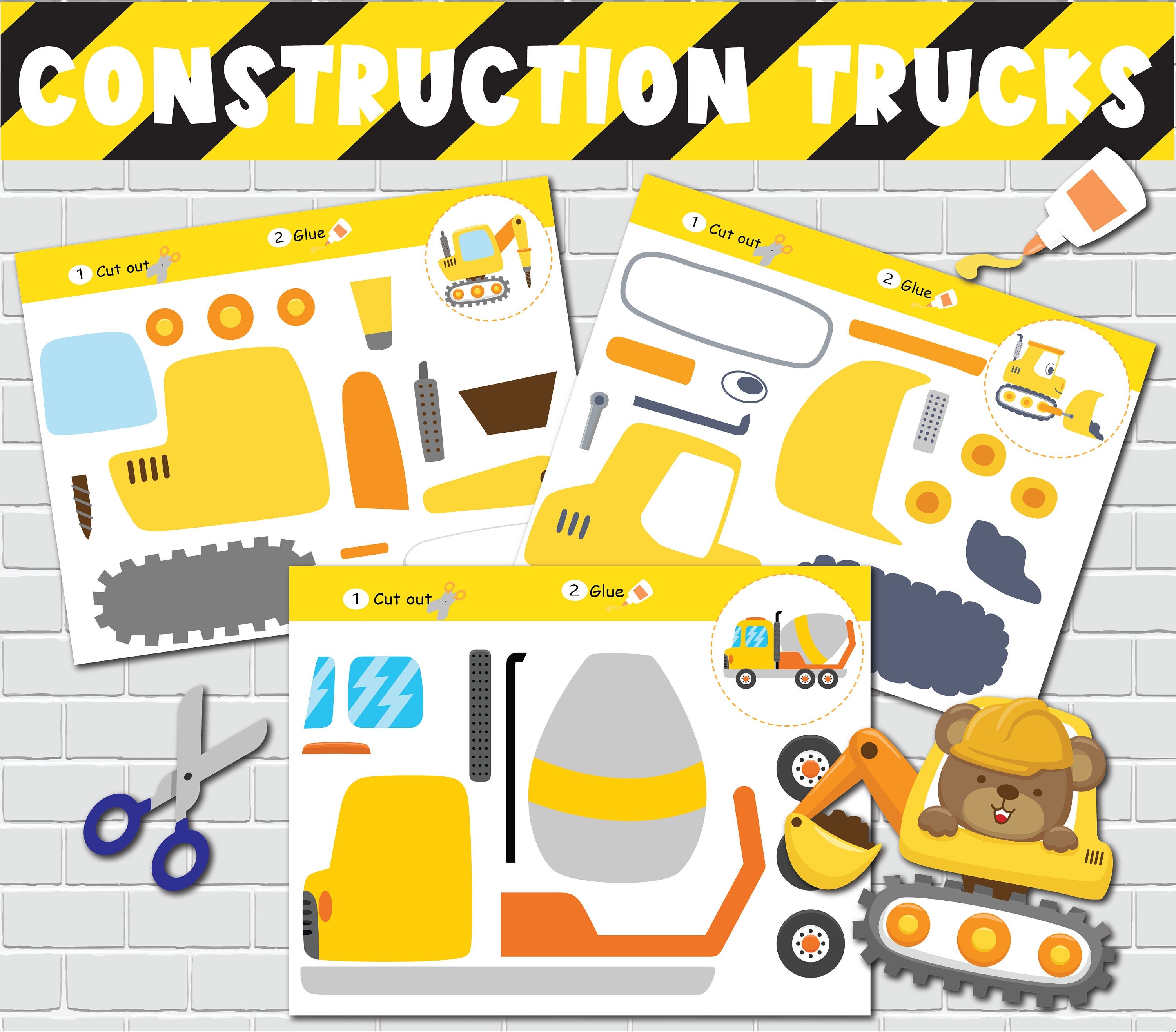 Construction Trucks Cut Out and Glue. Crafts for Kids. - Etsy