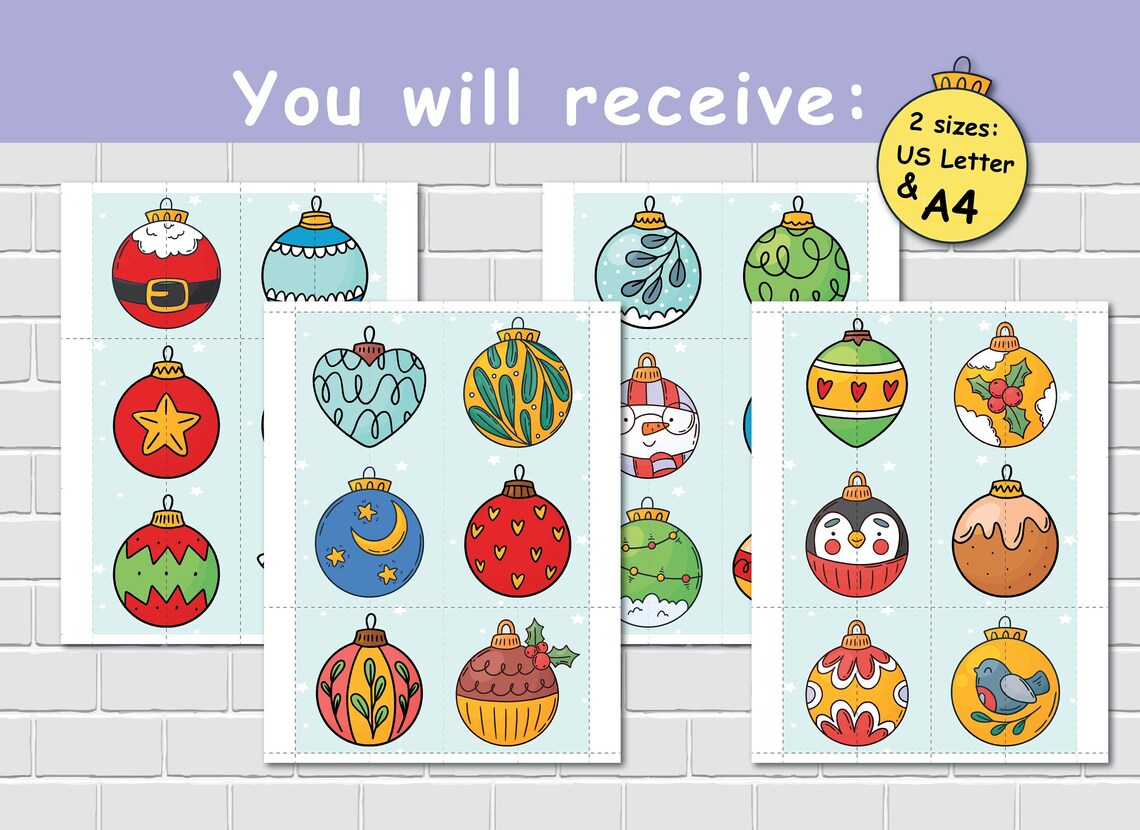 Christmas Ornaments Symmetry Cards, Preschool Matching Game, Toddler ...