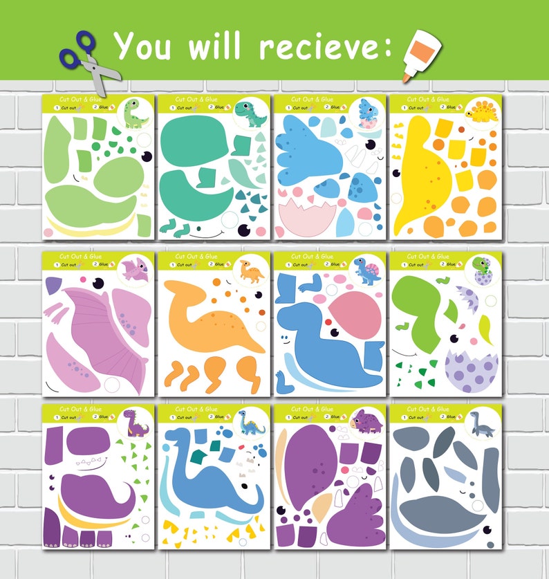 Dinosaurs Cut Out and Glue Activity for Kids. Preschool - Etsy