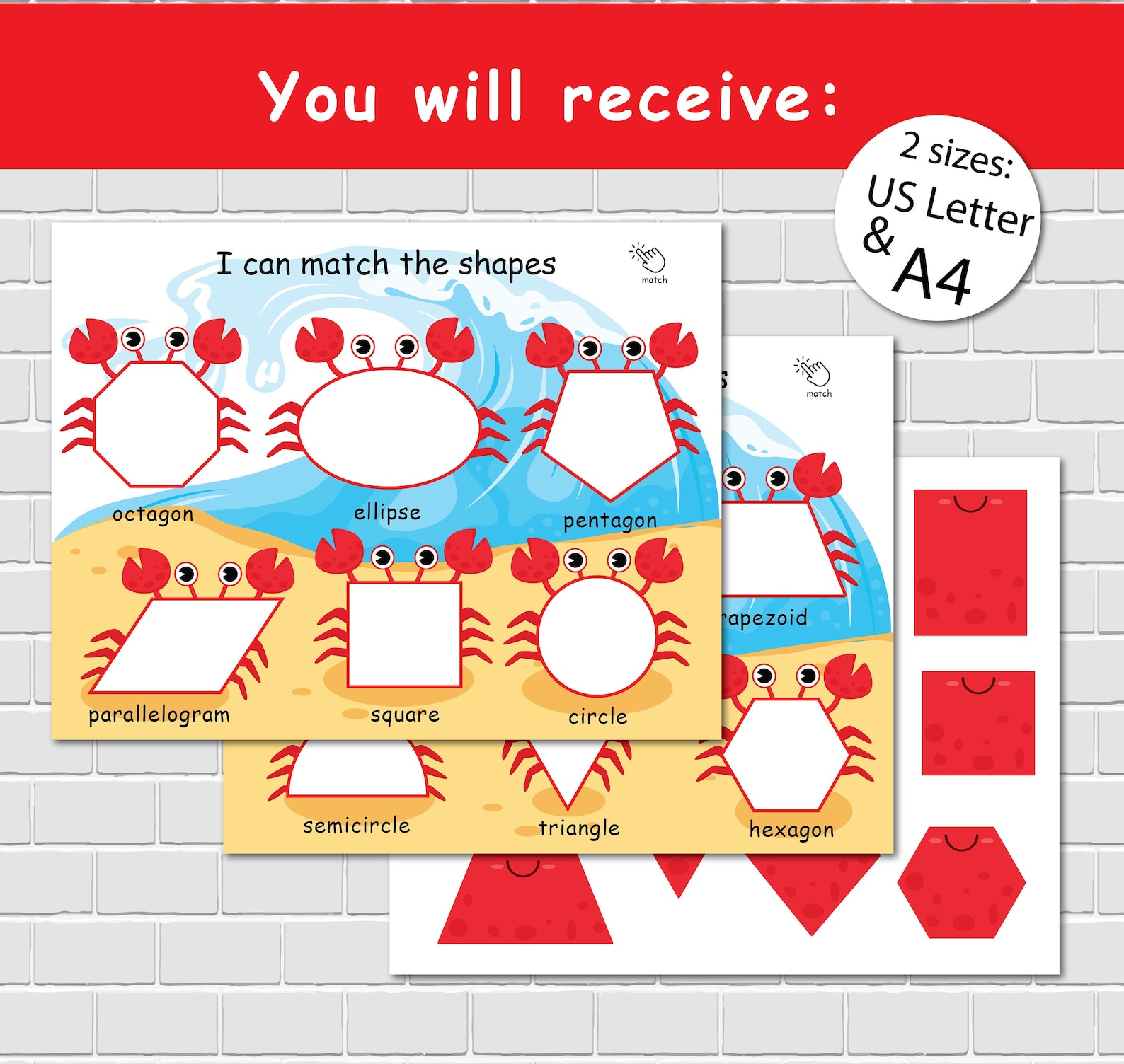 Crab Shape Matching Activity, 2D Shapes, Summer Busy Book Page, File ...