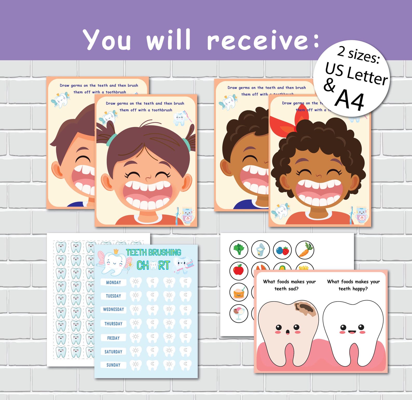 Dental Health Preschool Printable Activity for Kids, Teeth Brushing ...