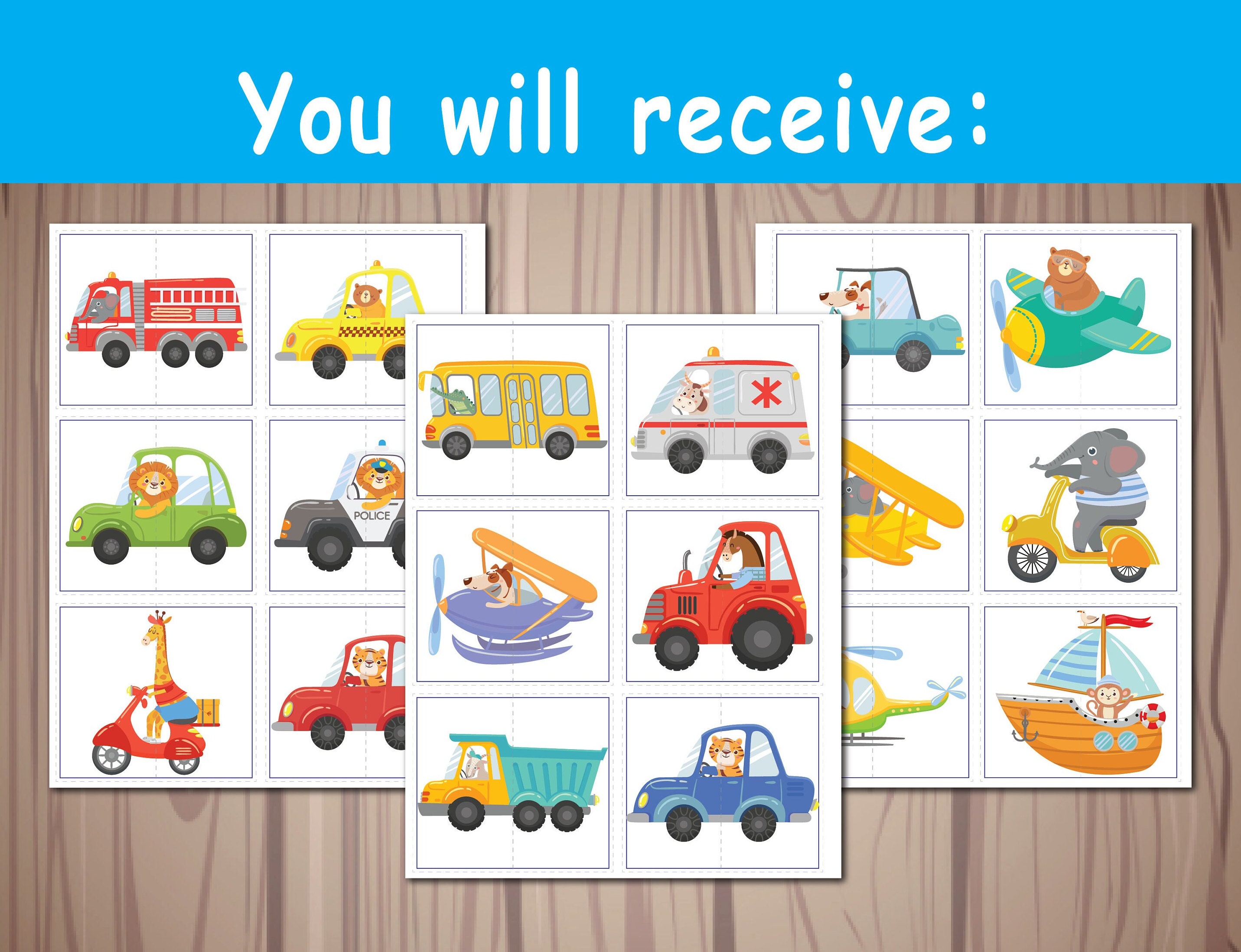 Transportation Matching Game, Symmetry Cards, Toddler Matching Activity ...