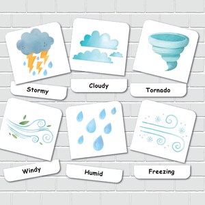 Weather Three Part Flash Cards, Watercolor Educational Flashcards ...