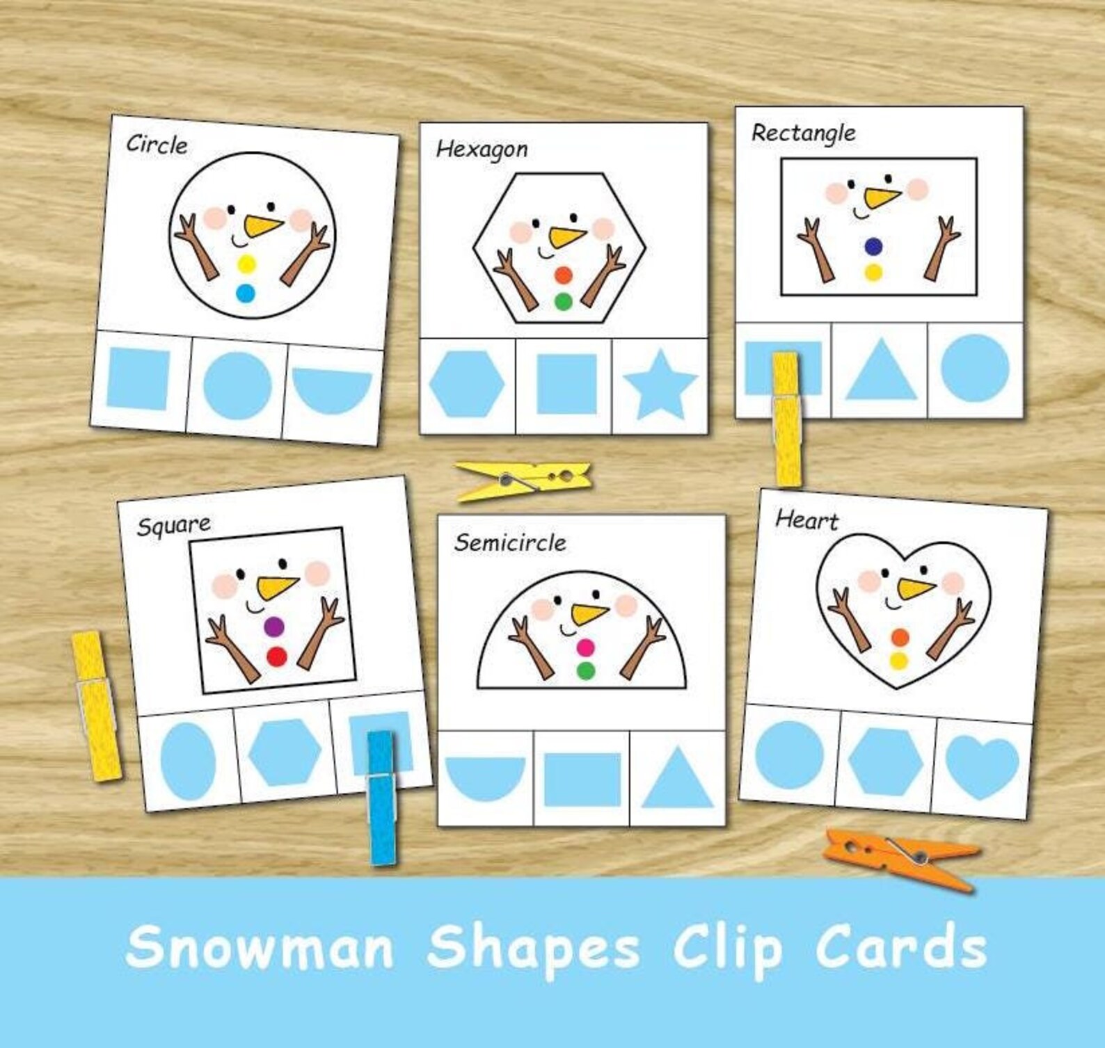 Snowman Shapes Clip Cards, 2D Shapes, Winter Activity (digital Download ...