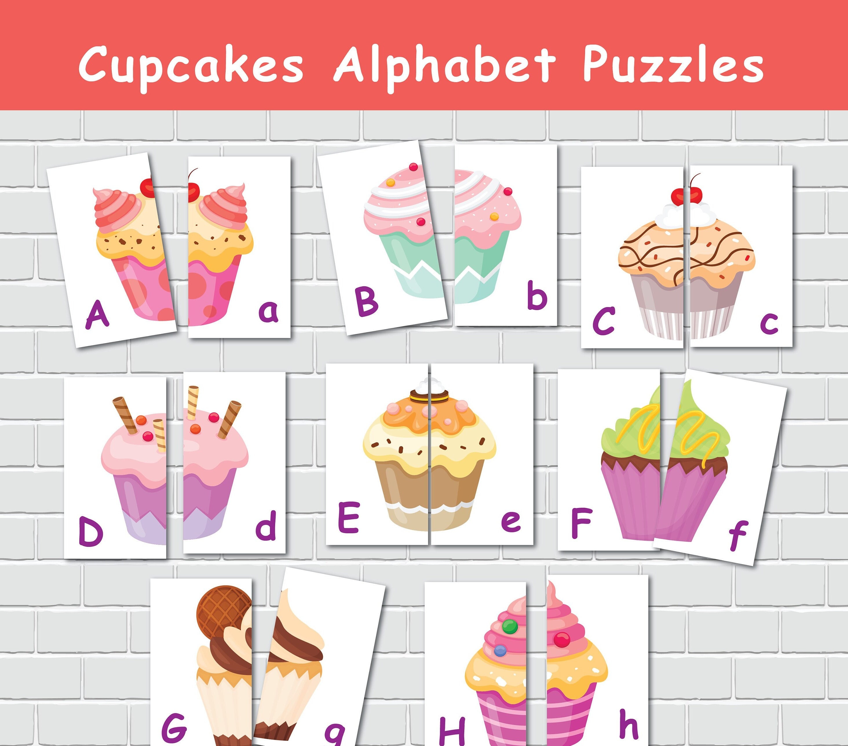 Cupcakes Alphabet Matching Cards, Toddler Matching Game, ABC Learning ...