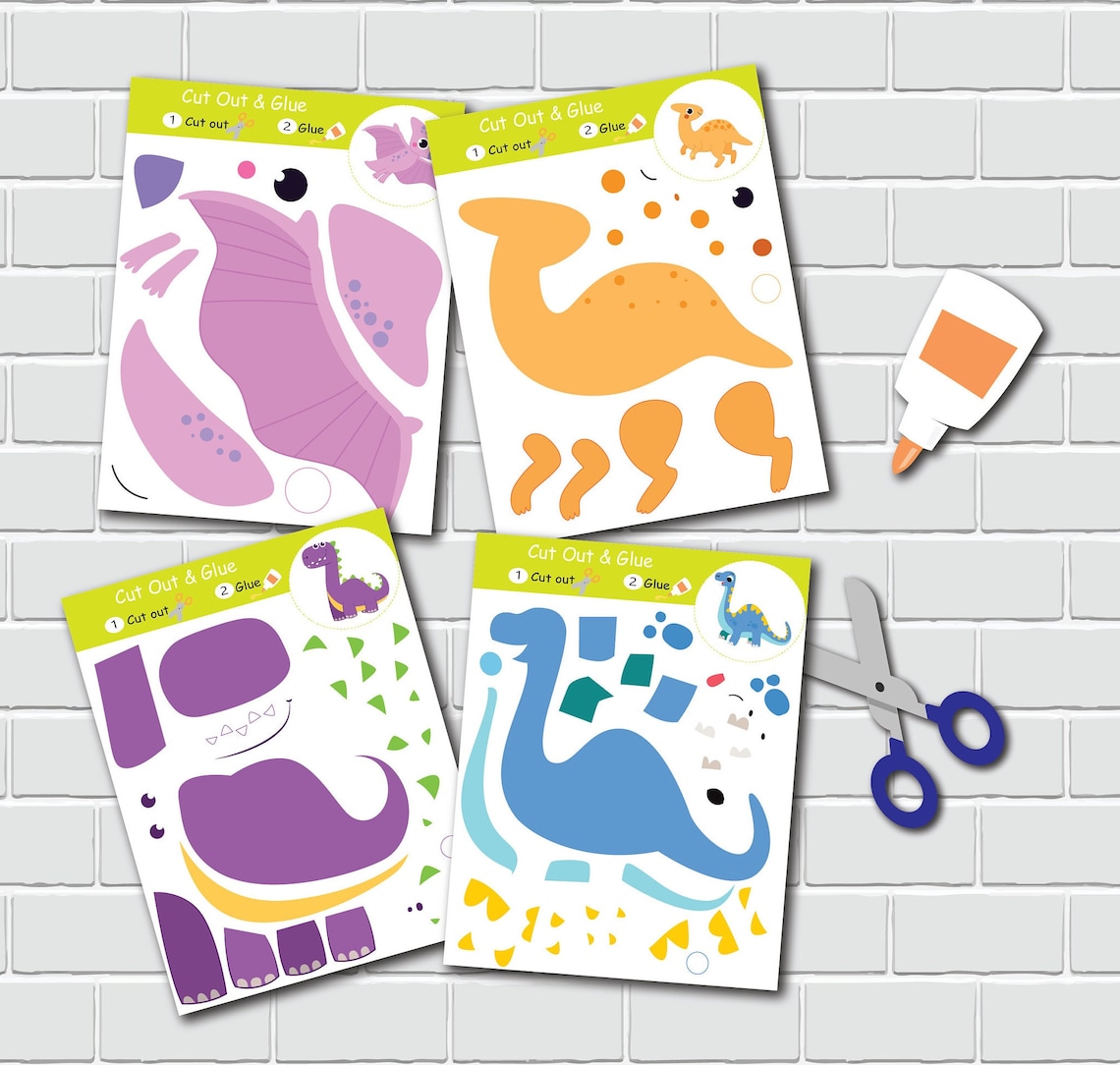 Dinosaurs Cut Out and Glue Activity for Kids. Preschool Cutting ...