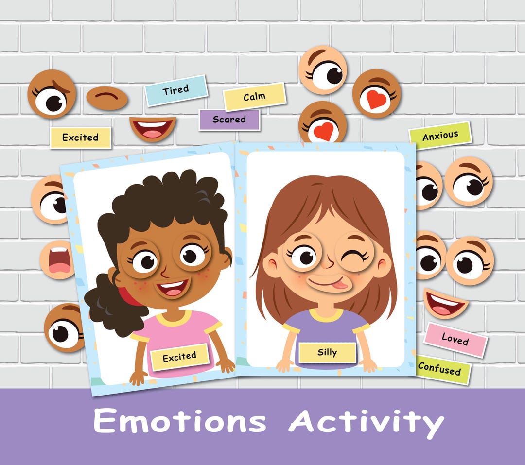 Girls Emotions Activity, Kids Feelings Matching Game, Personalized Busy ...
