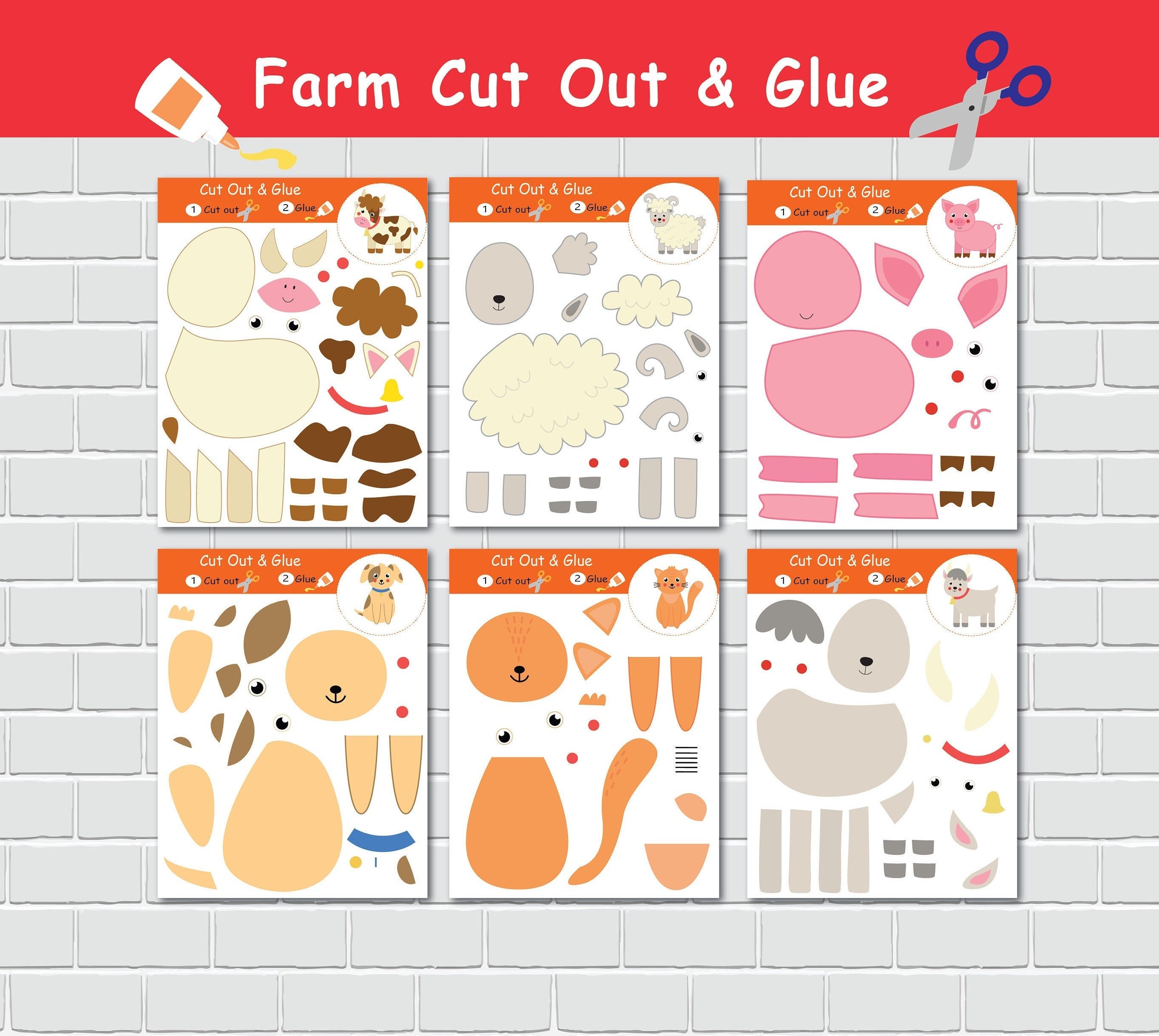 Farm Cut Out and Glue Crafts for Kids. Scissors Skills Activity. Fine ...