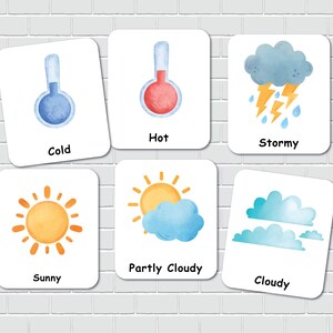 Weather Three Part Flash Cards, Watercolor Educational Flashcards ...