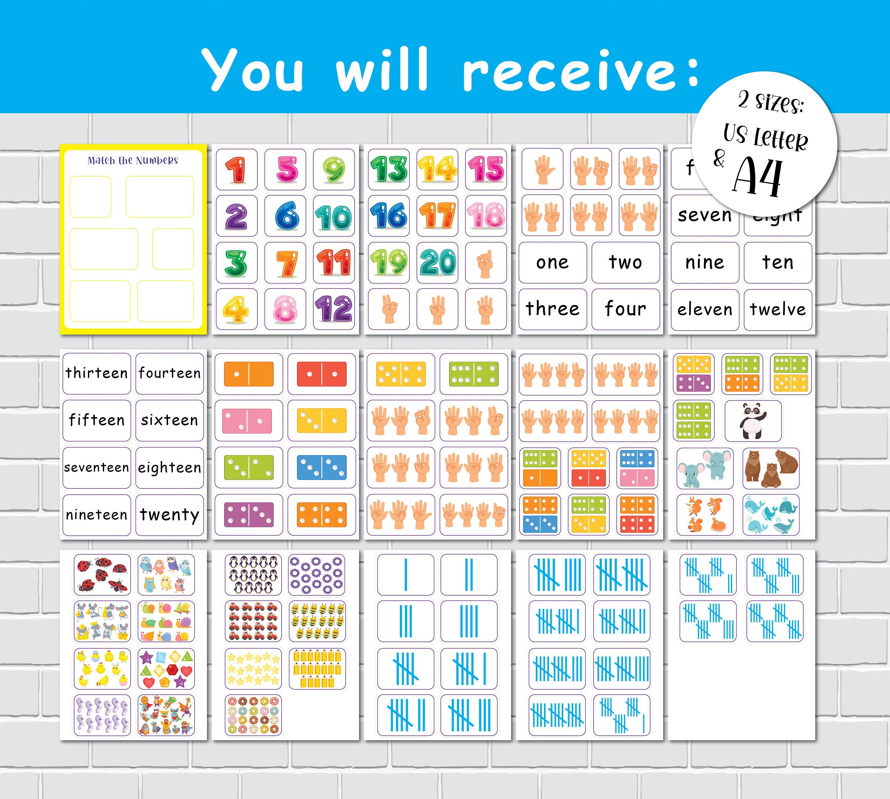 Actividad de relacionar números del 1 al 20. Juego de contar - Etsy España