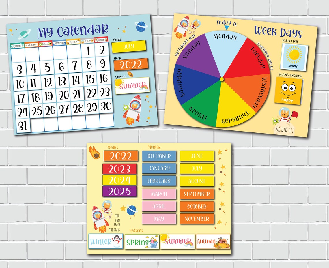 Kids Perpetual Calendar Space Theme Wall Calendar Montessori - Etsy