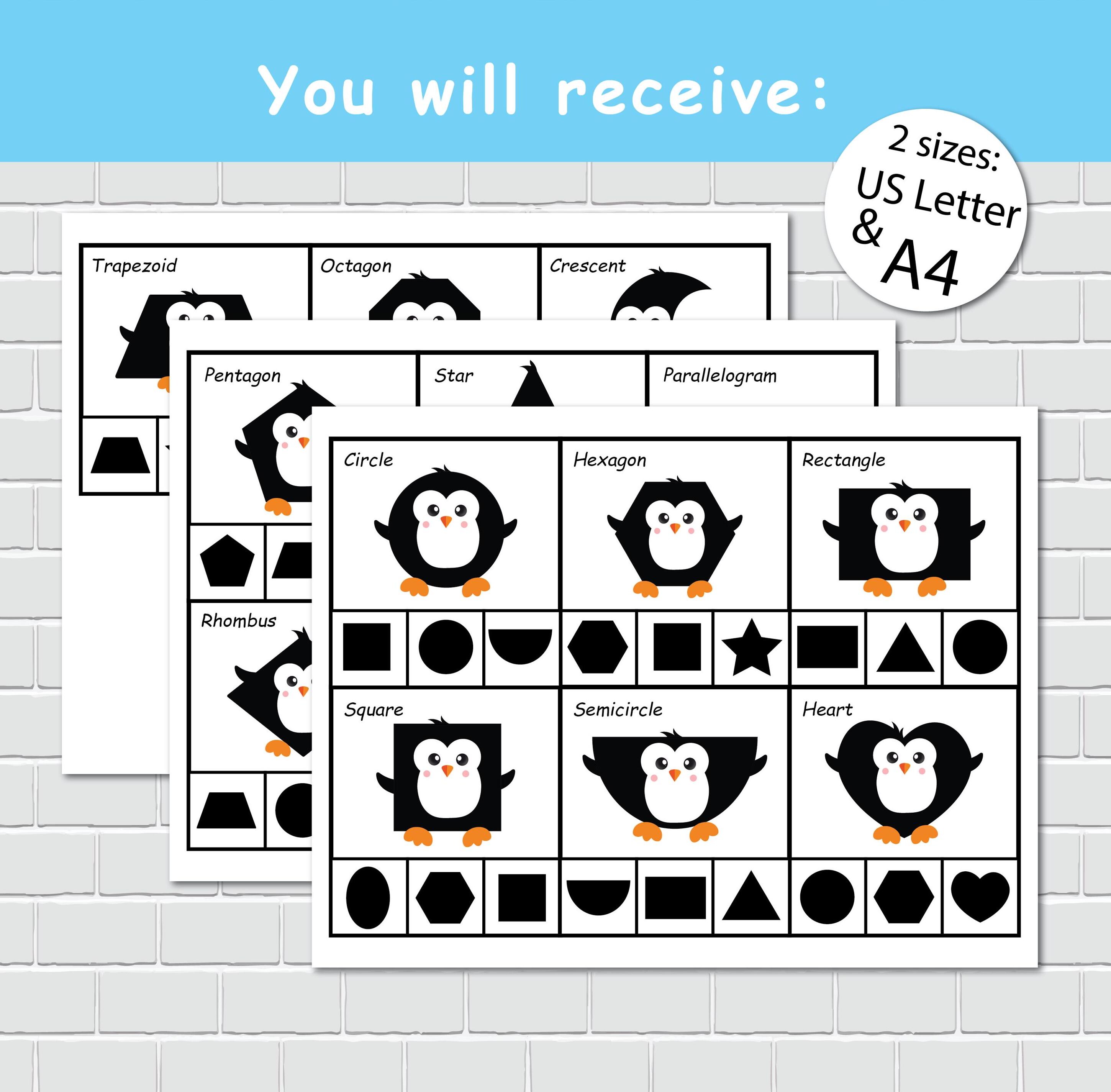 Penguin Shapes Clip Cards, Winter Preschool Learning (digital Download ...