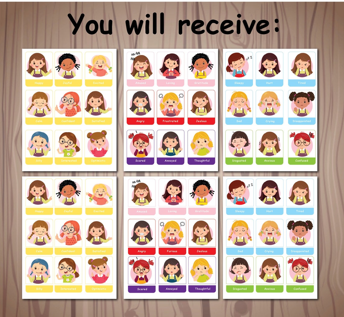 Emotion Flashcards Girls Feelings Flash Cards Montessori - Etsy