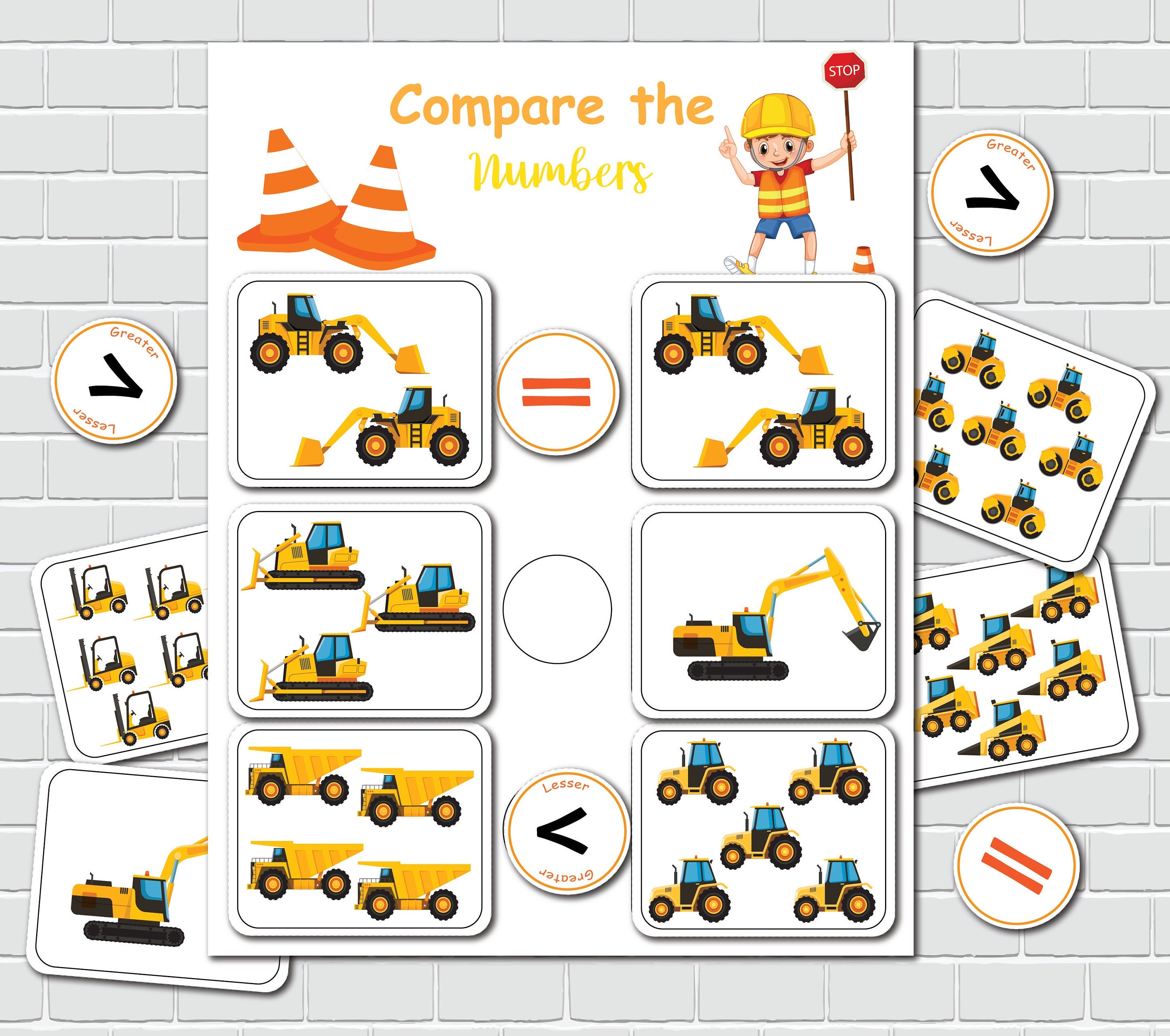 Construction Trucks Number Comparison Activity: Preschool Math (digital ...