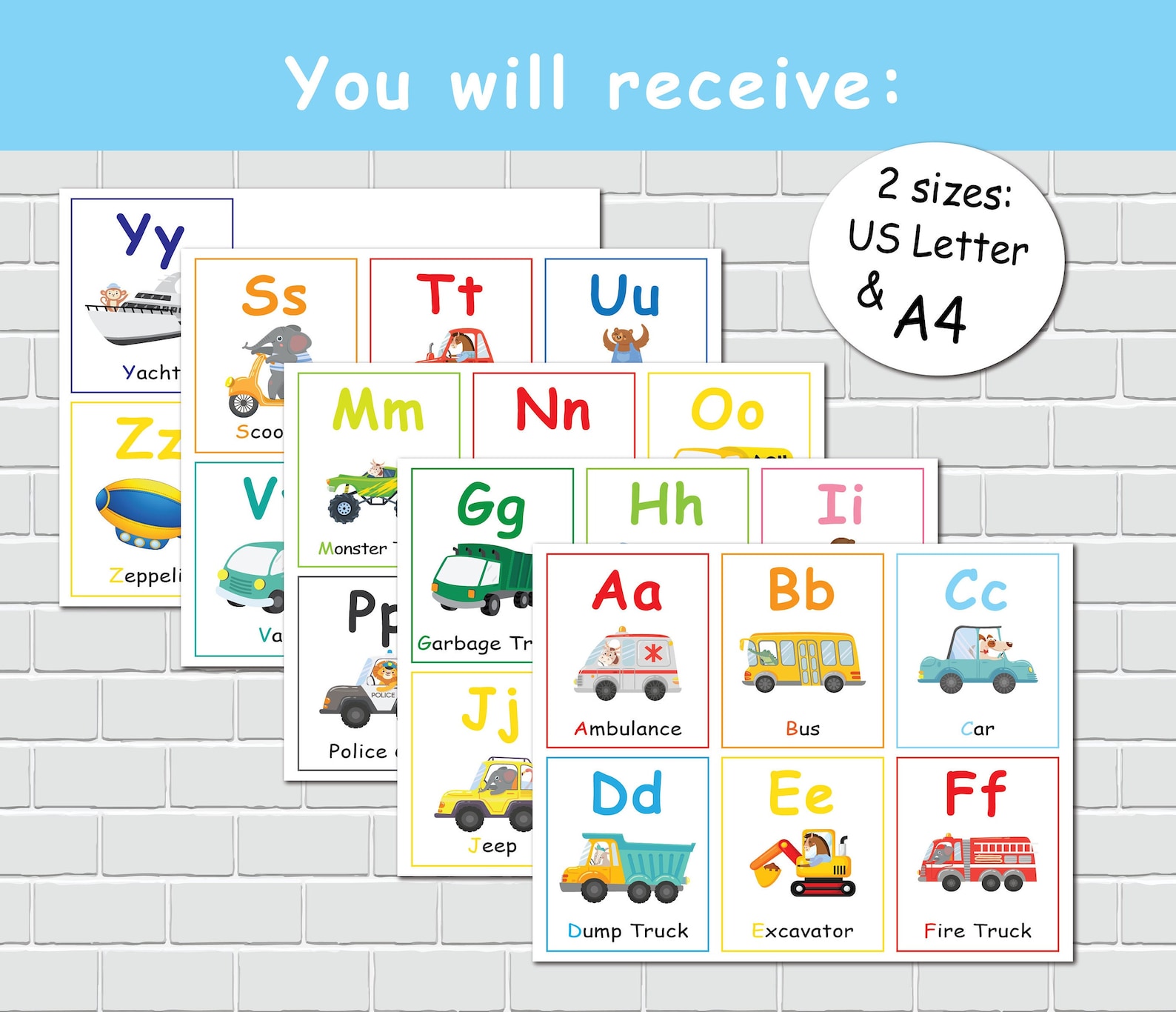Alphabet Flashcards Transportation Theme ABC Printable Flash - Etsy