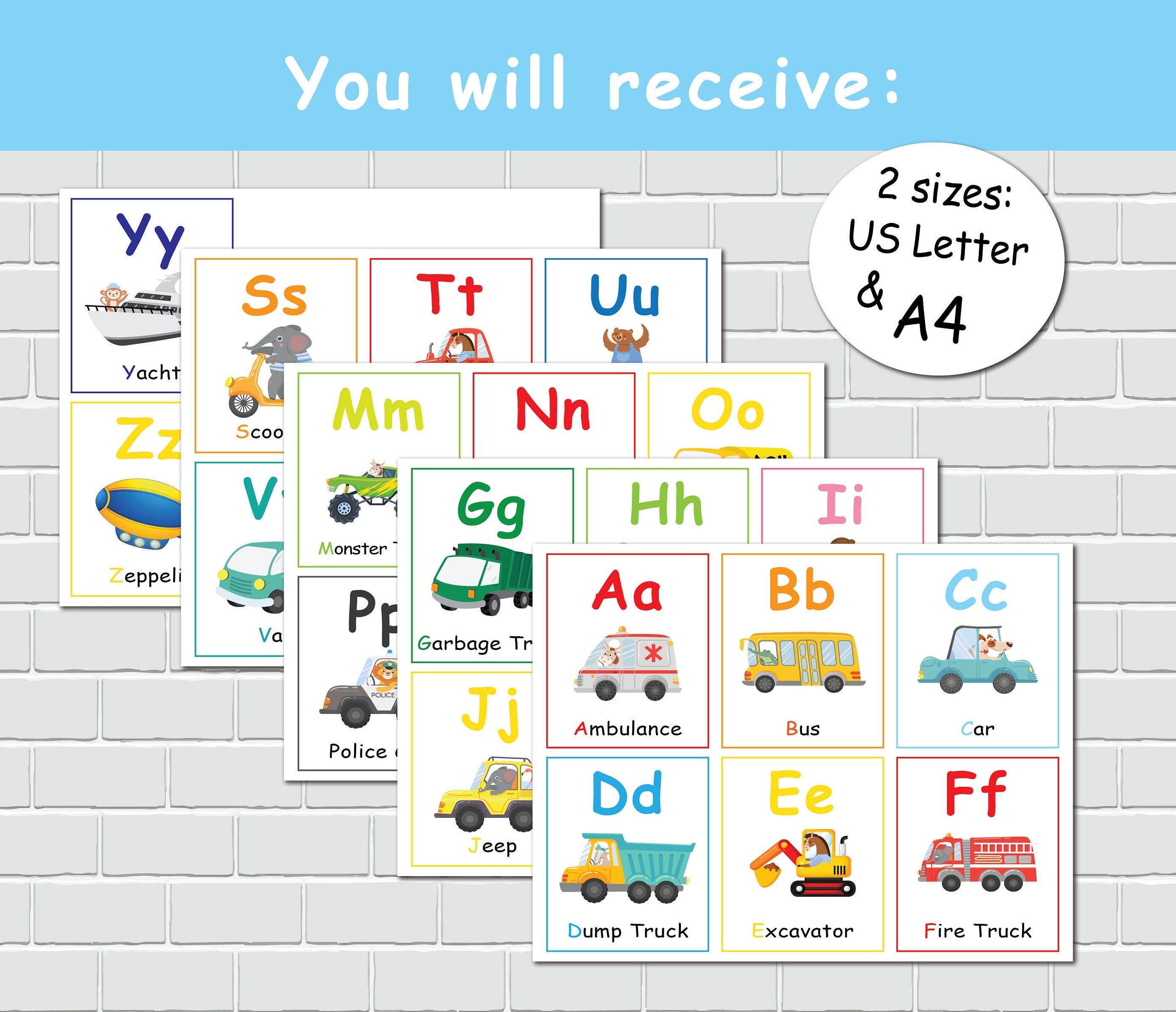 Alphabet Flashcards Transportation Theme ABC Printable Flash - Etsy