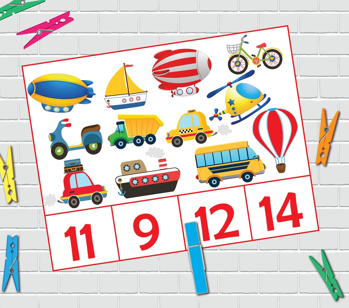 Clip and Count Cards Numbers 1-20. Printable Vehicles and - Etsy
