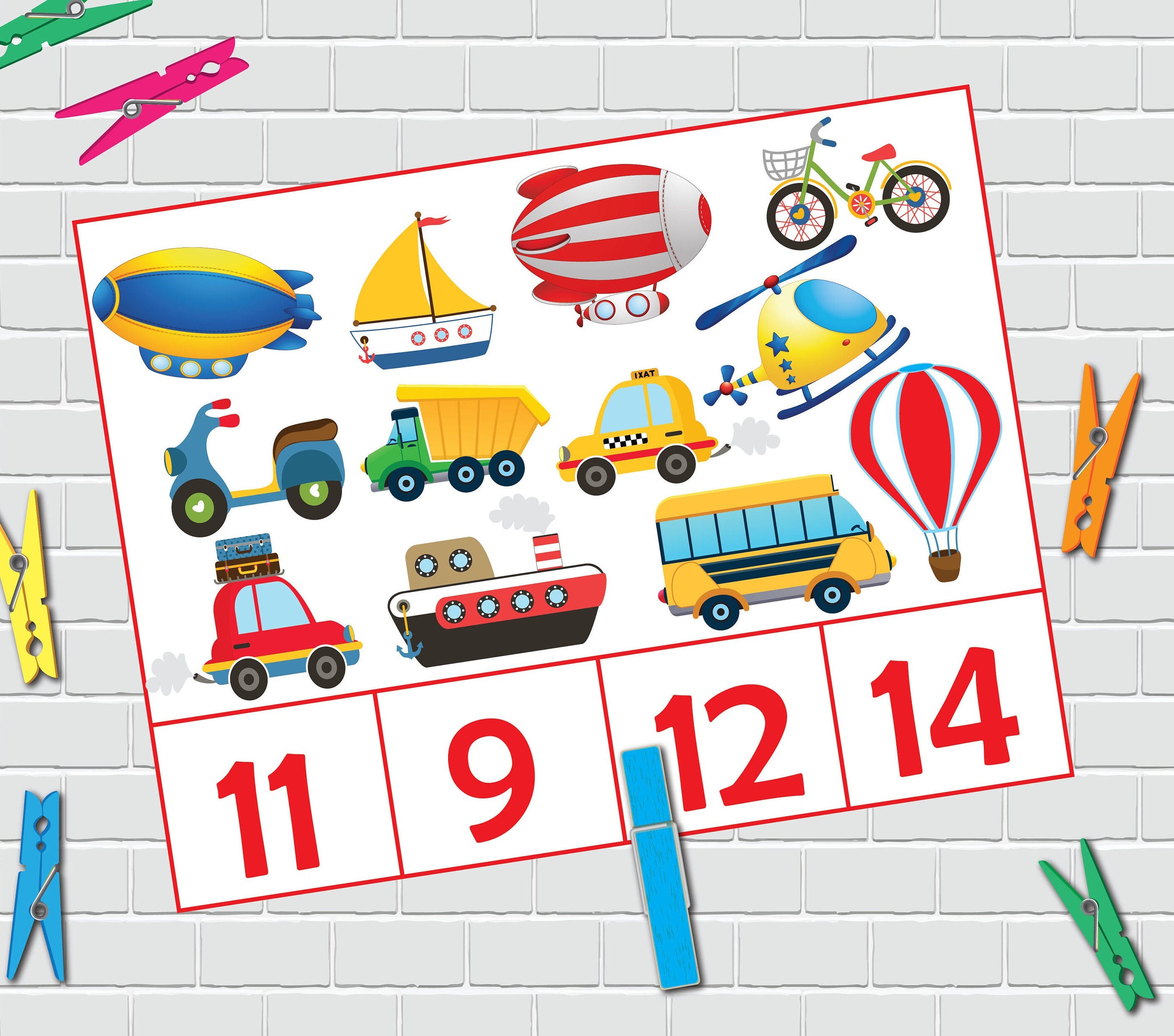 Clip and Count Cards Numbers 1-20. Printable Vehicles and - Etsy