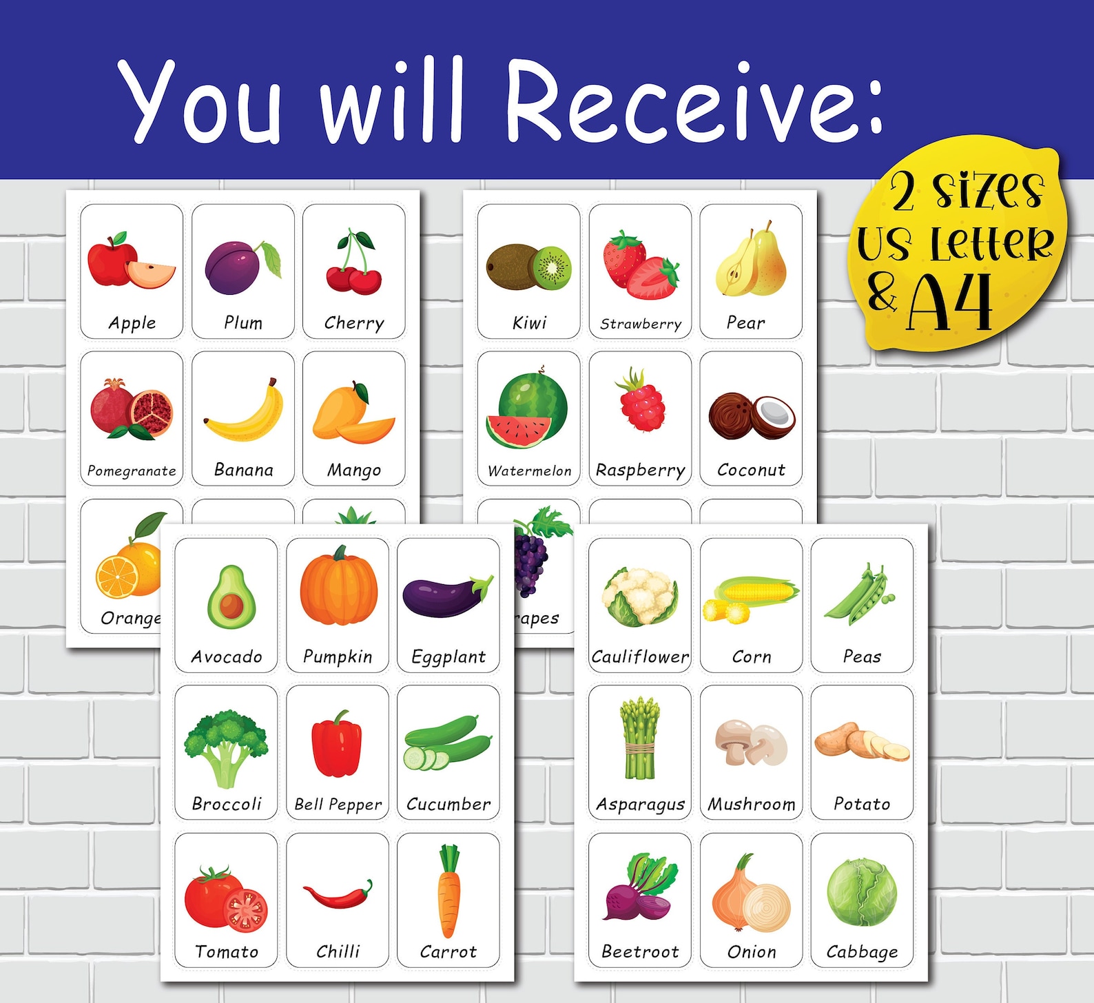 Fruits and Vegetables Flash Cards Toddler Printable Activity Montessori ...