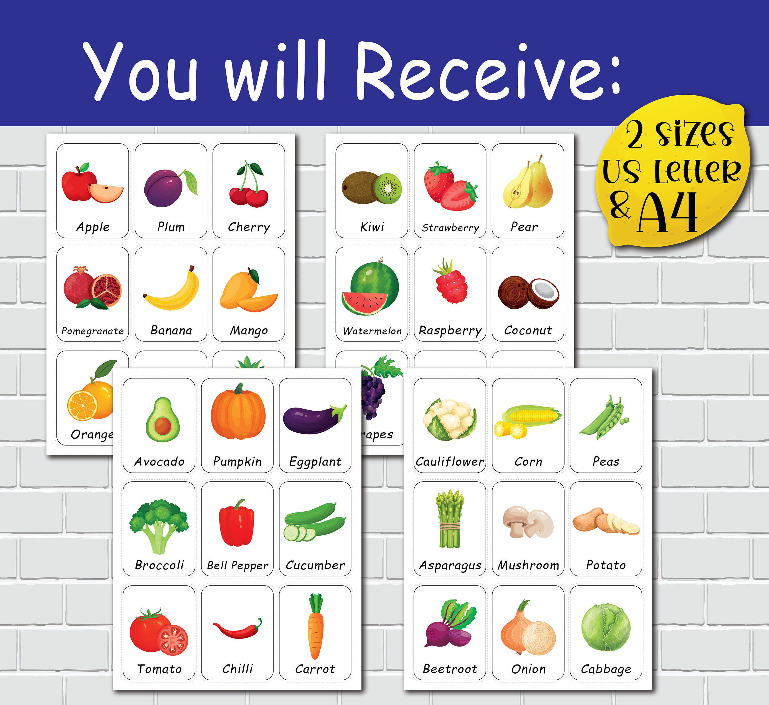 Fruits and Vegetables Flash Cards Toddler Printable Activity Montessori ...