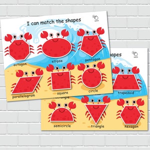 Crab Shape Matching Activity, 2D Shapes, Summer Busy Book Page, File ...
