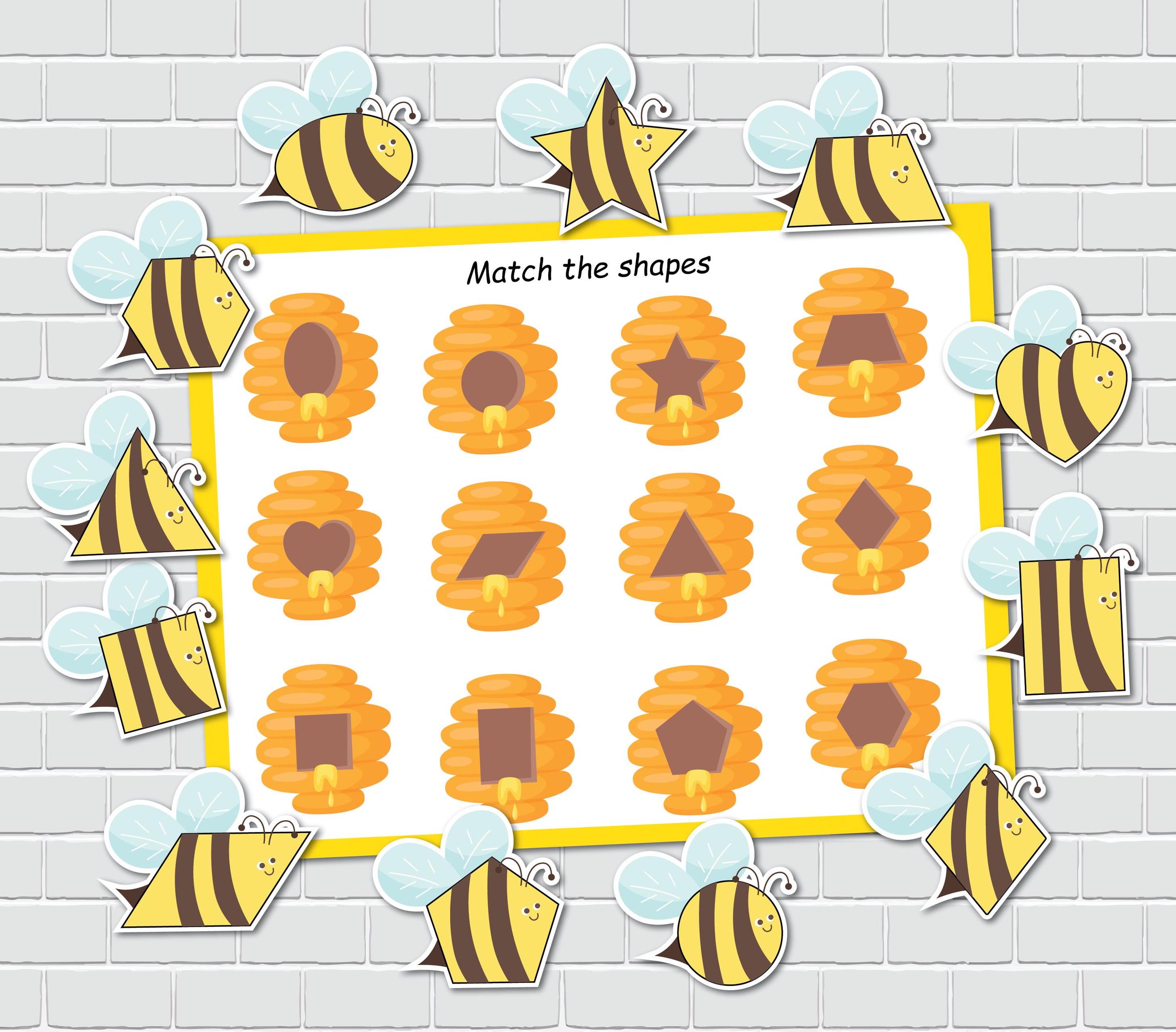 Bees and Beehive Shapes Matching Activity, 2D Shapes, Busy Book Page ...