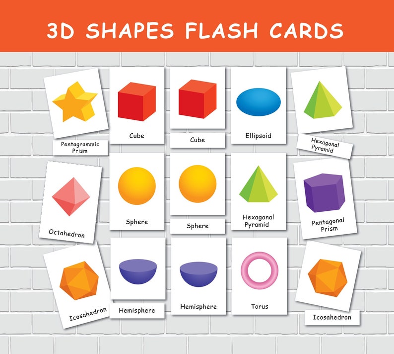 3D Shapes Flash Cards, Three Part Montessori Flash Cards, Kids ...