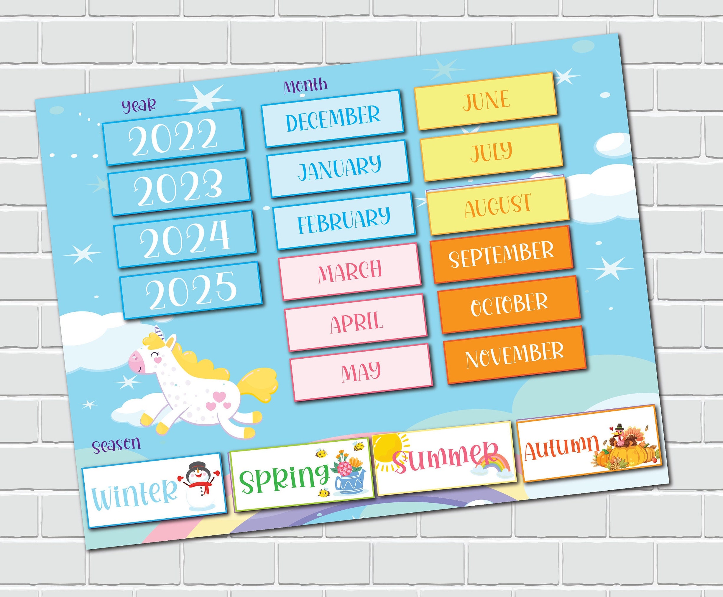 Kids Perpetual Calendar, Unicorn Theme Wall Calendar, Printable ...