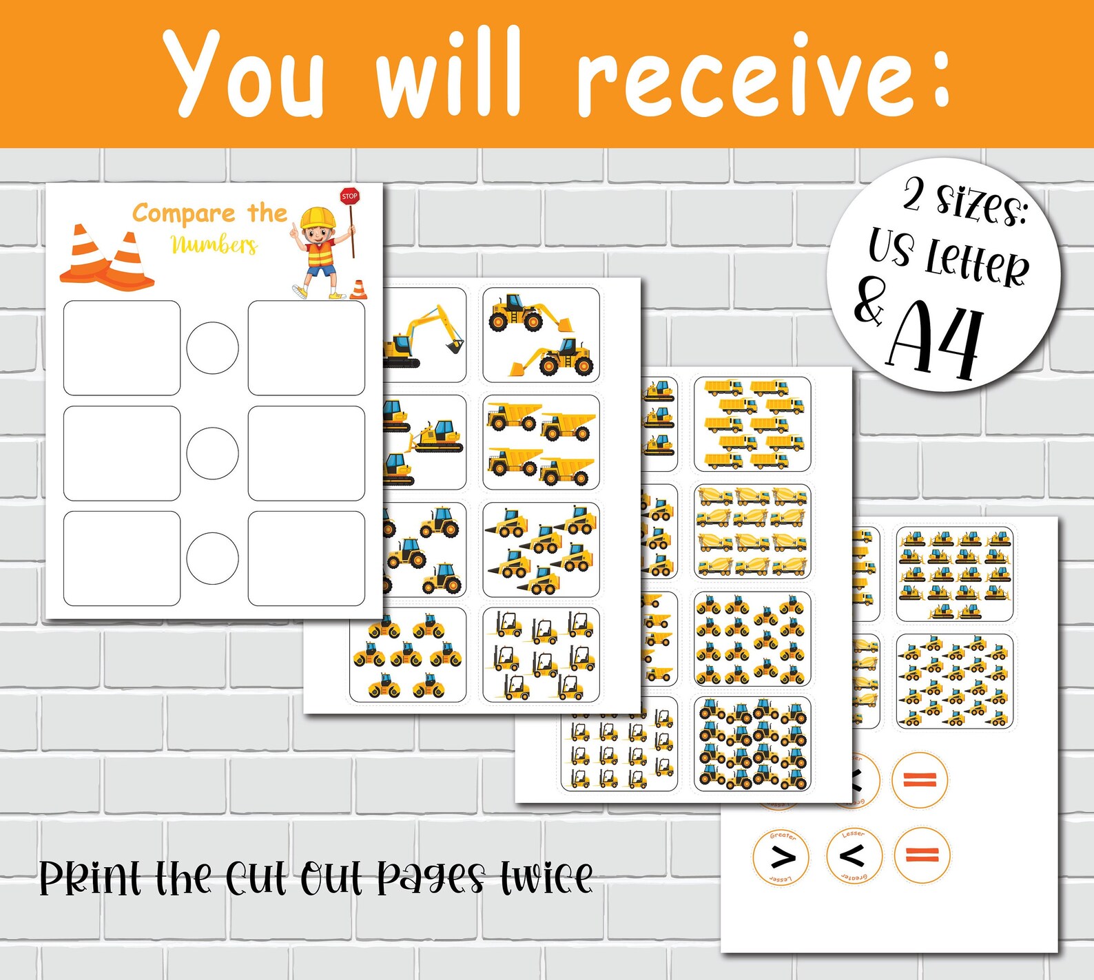Comparing Numbers Construction Trucks Printable Activity for - Etsy