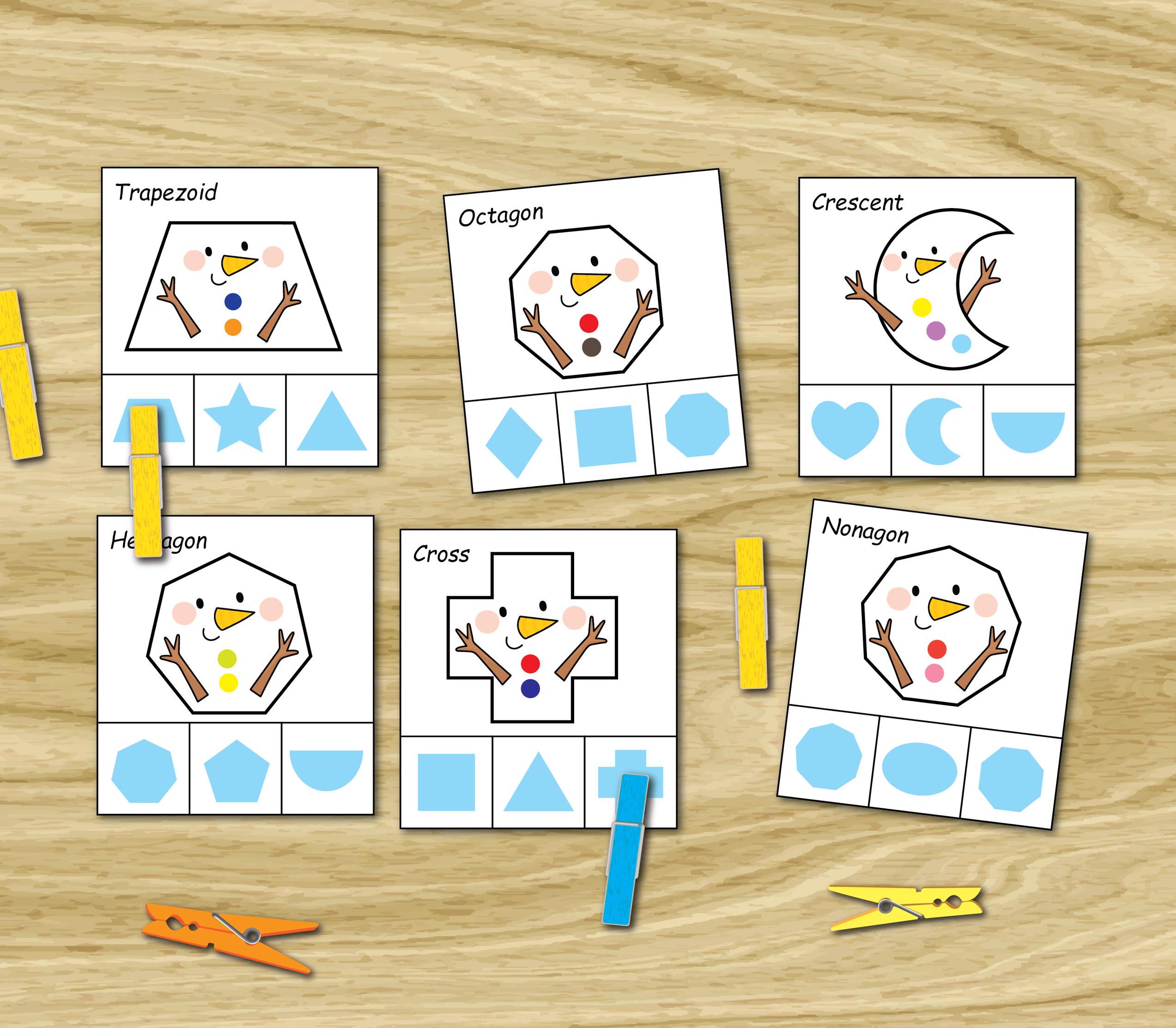 Snowman Shapes Clip Cards, 2D Shapes, Winter Activity (digital Download ...