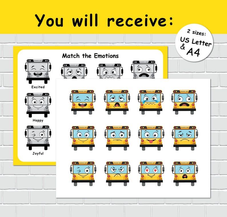 School Bus Emotions Matching Game: Preschool Learning Activity (digital ...