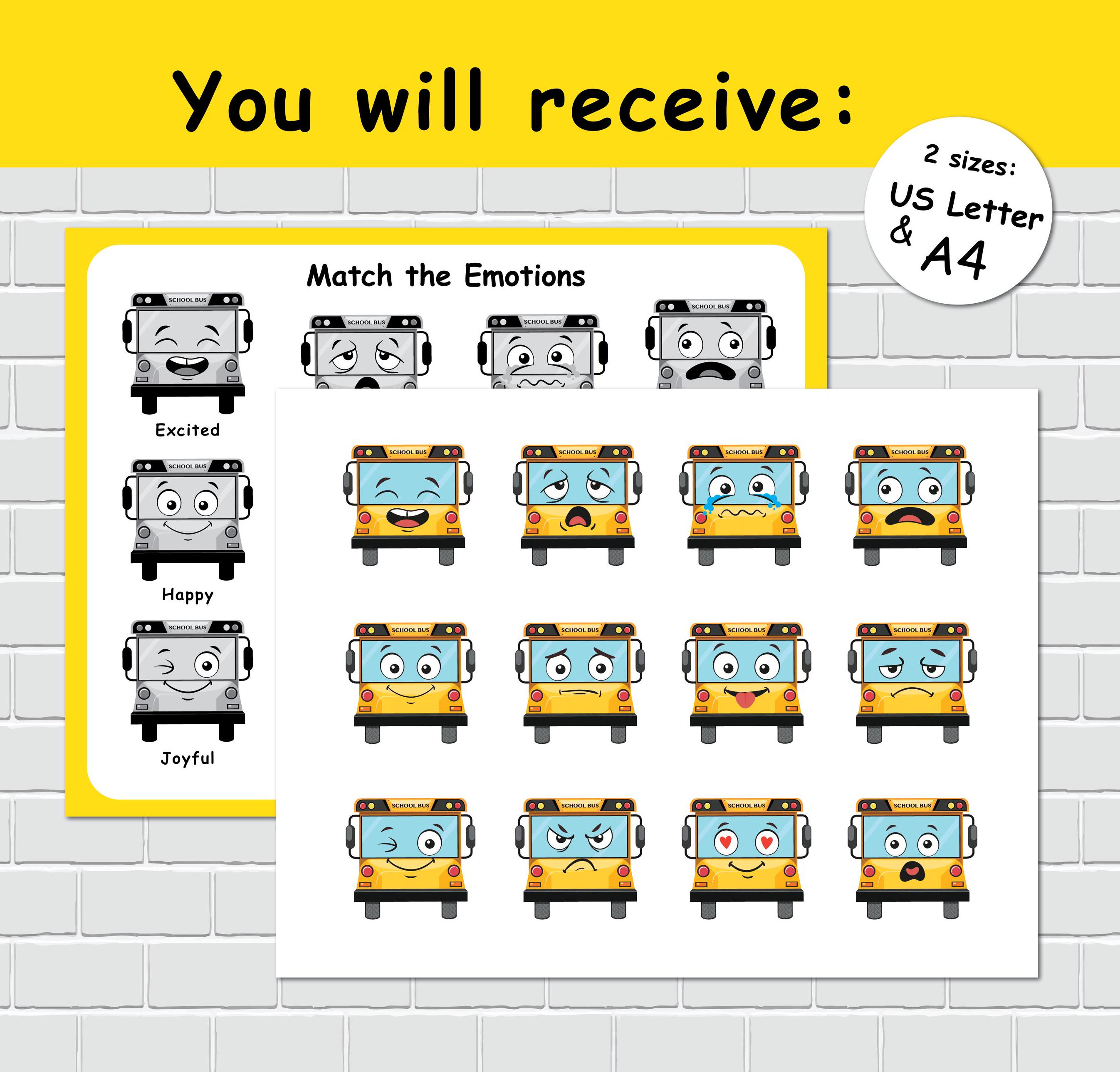 School Bus Emotions Matching Game: Preschool Learning Activity (digital ...