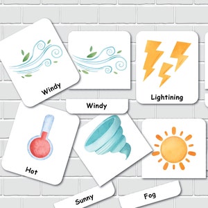 Weather Three Part Flash Cards, Watercolor Educational Flashcards ...