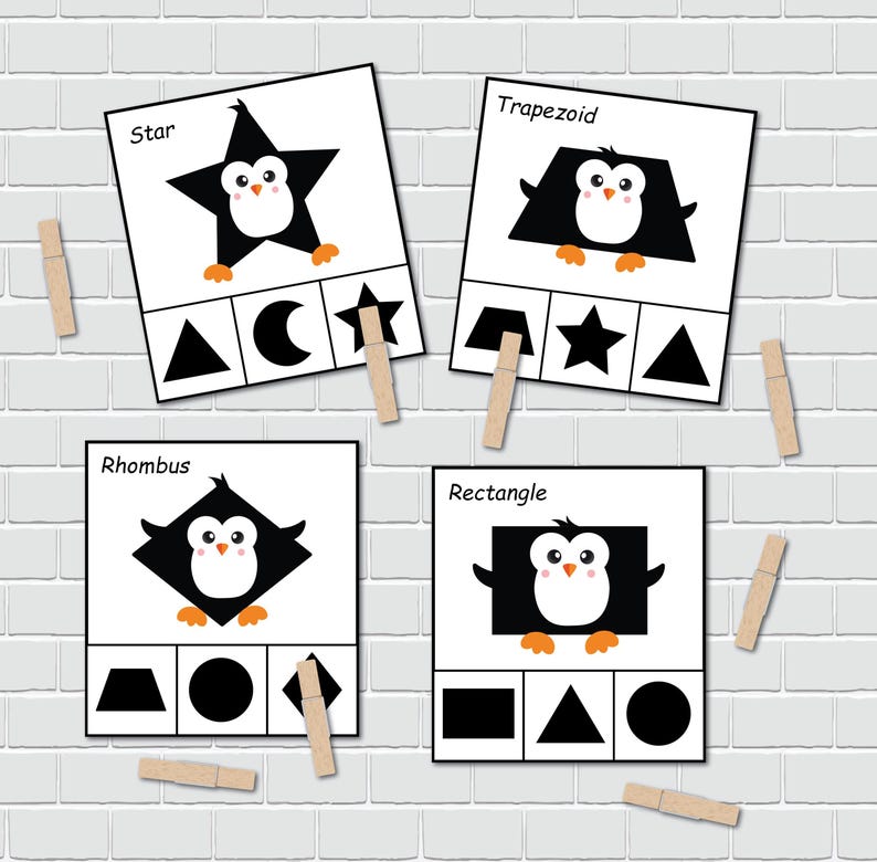 Penguin Shapes Clip Cards, Winter Preschool Learning (digital Download ...