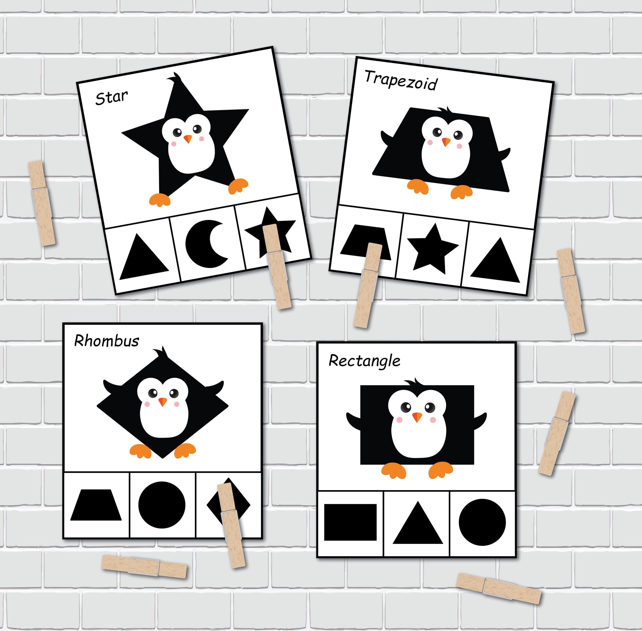 Penguin Shapes Clip Cards, Winter Preschool Learning (digital Download ...