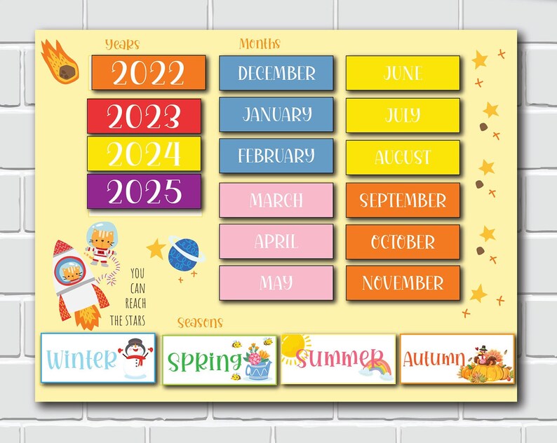 Kids Perpetual Calendar Space Theme Wall Calendar Montessori - Etsy