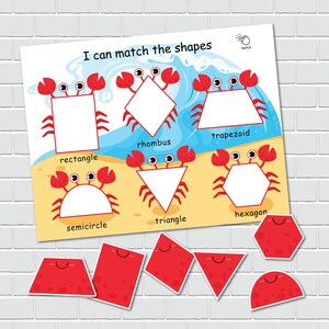 Crab Shape Matching Activity, 2D Shapes, Summer Busy Book Page, File ...