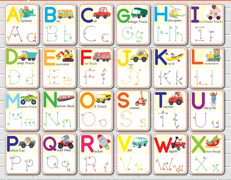 Alphabet Tracing Flashcards, Cars and Trucks Printable Tracing ...
