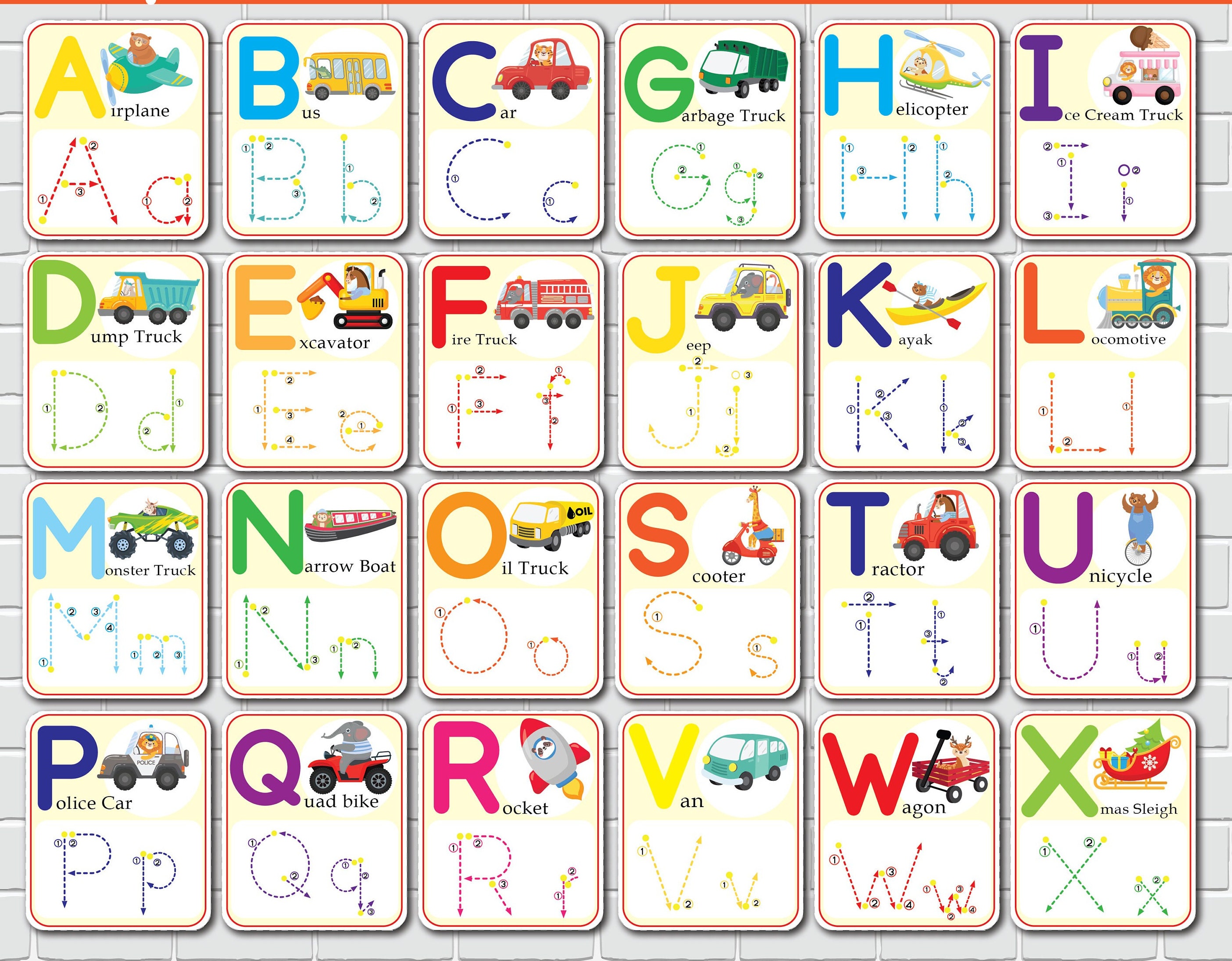 Alphabet Tracing Flashcards, Cars and Trucks Printable Tracing ...