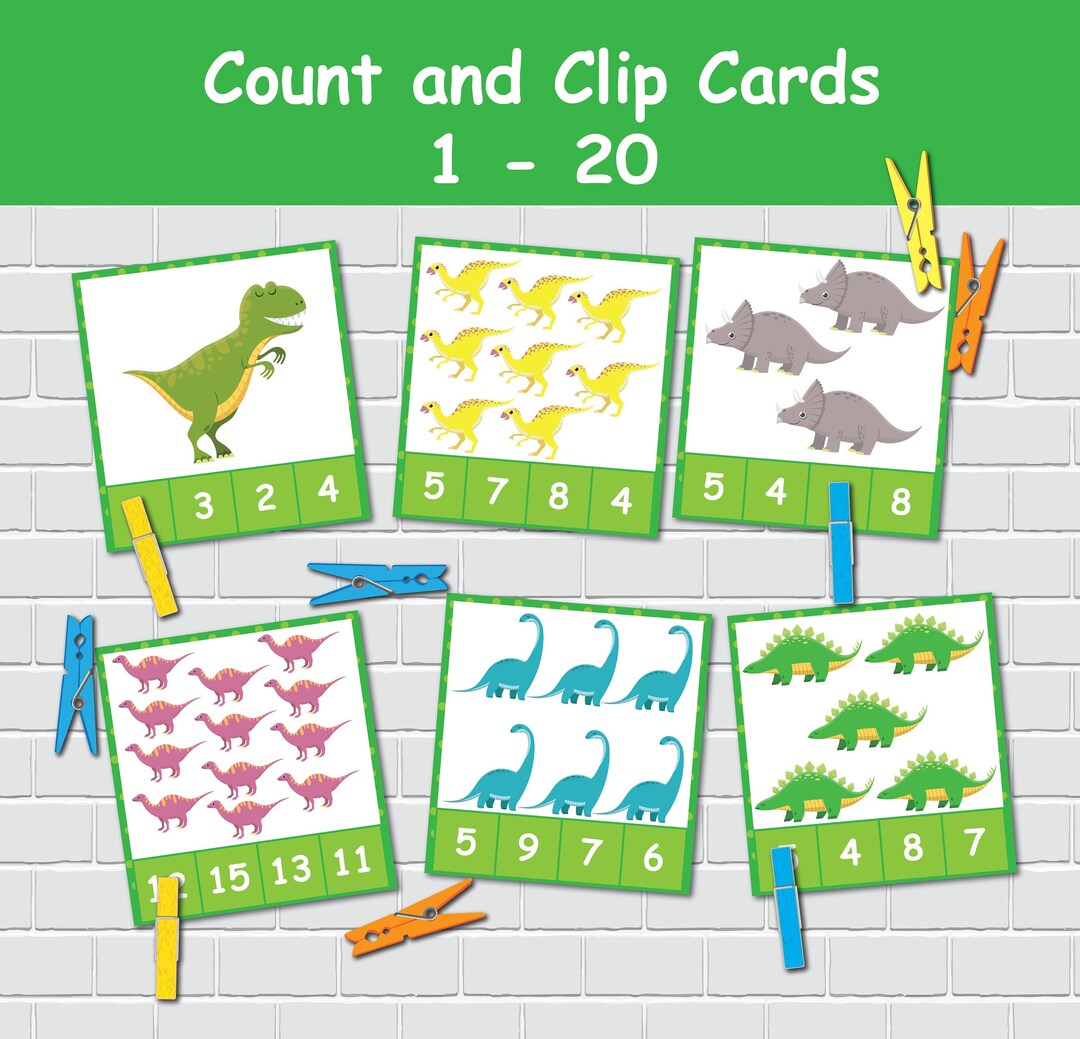 Dinosaurs Clip and Count Cards 1-20, Toddler Counting Activity ...