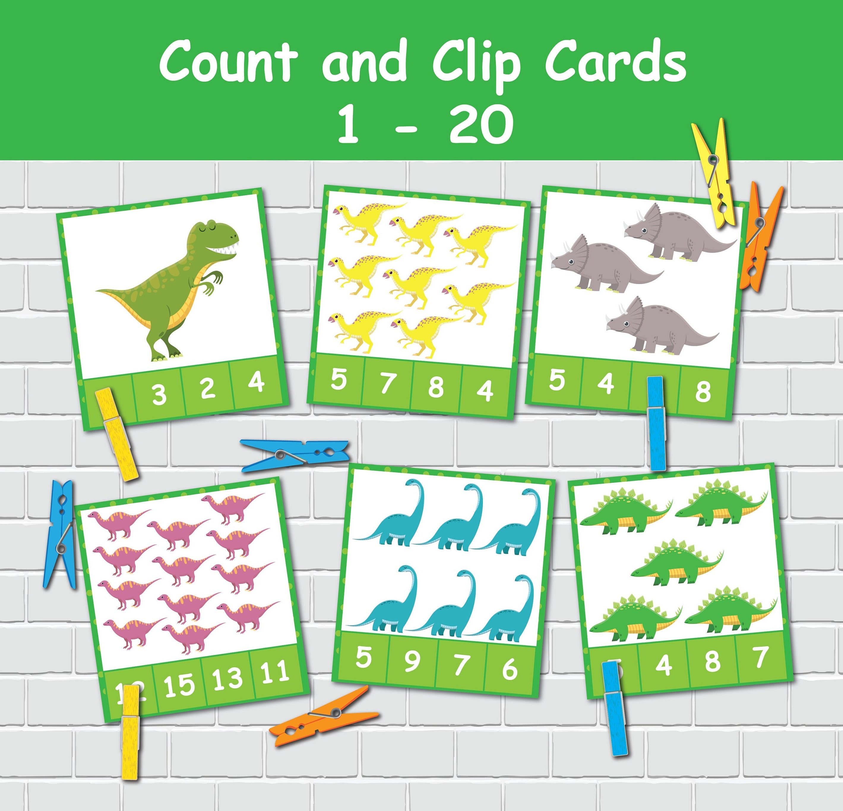 Dinosaurs Clip and Count Cards 1-20 Toddler Counting - Etsy