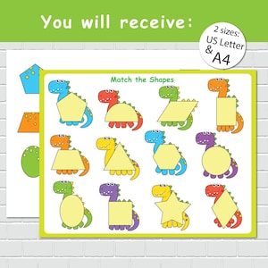 Dinosaur Shape Matching Activity, 2D Shapes, Toddler Busy Book Page ...