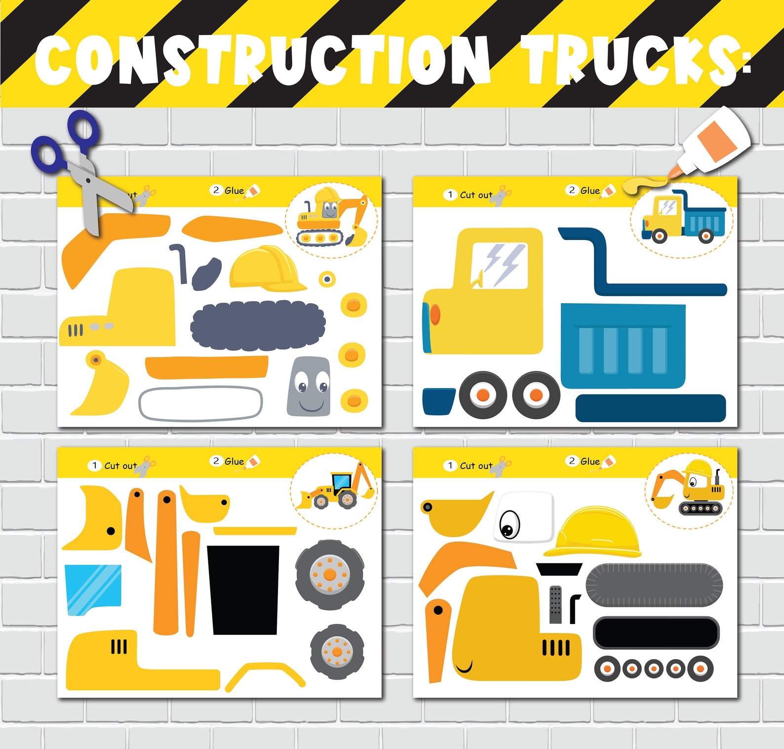 Construction Trucks Cut Out and Glue. Crafts for Kids. Scissors Skills ...