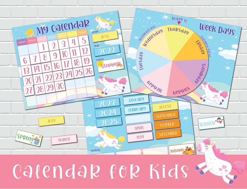 Kids Perpetual Calendar, Unicorn Theme Wall Calendar, Printable ...