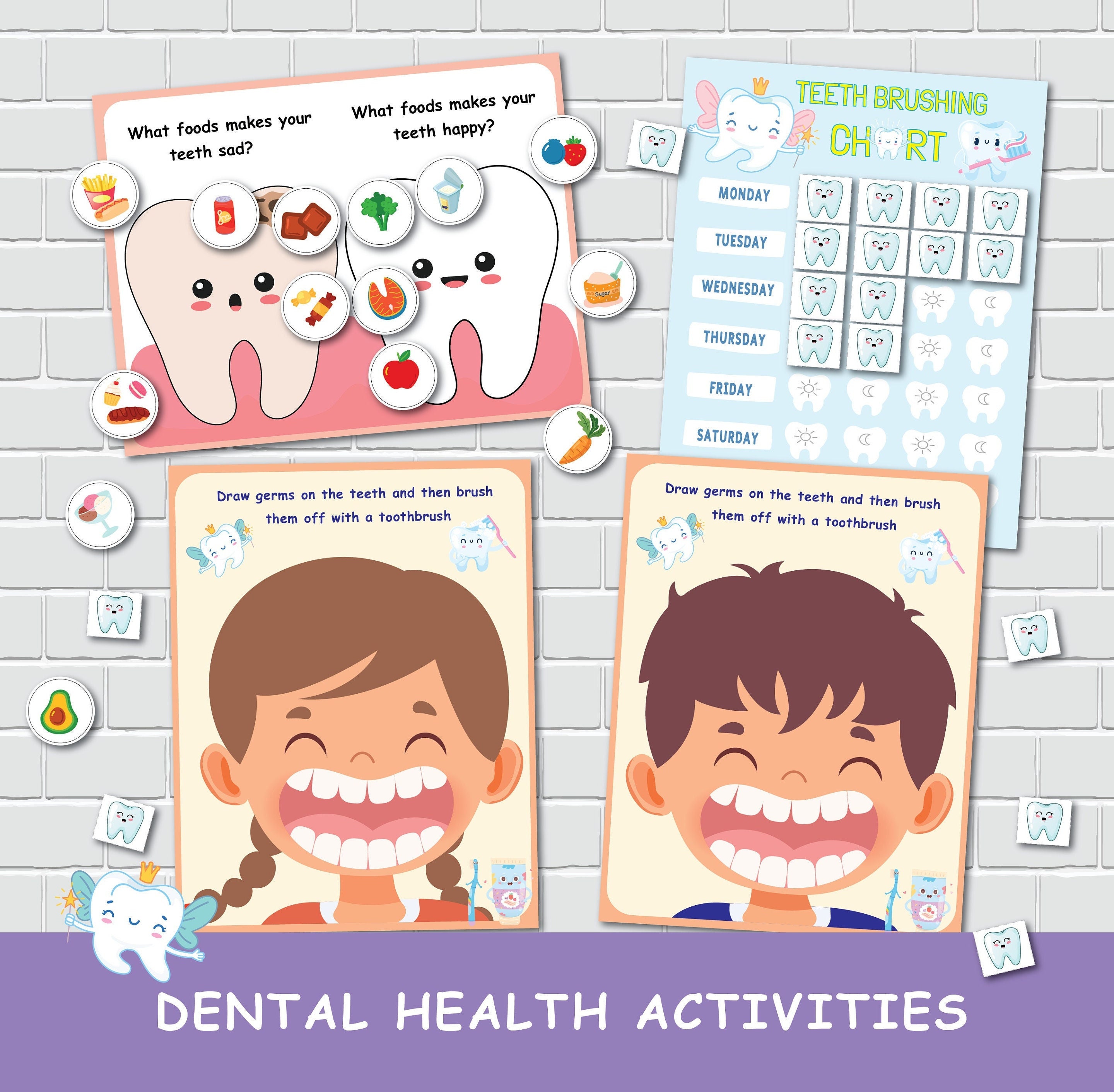 Dental Health Preschool Printable Activity for Kids, Teeth Brushing ...