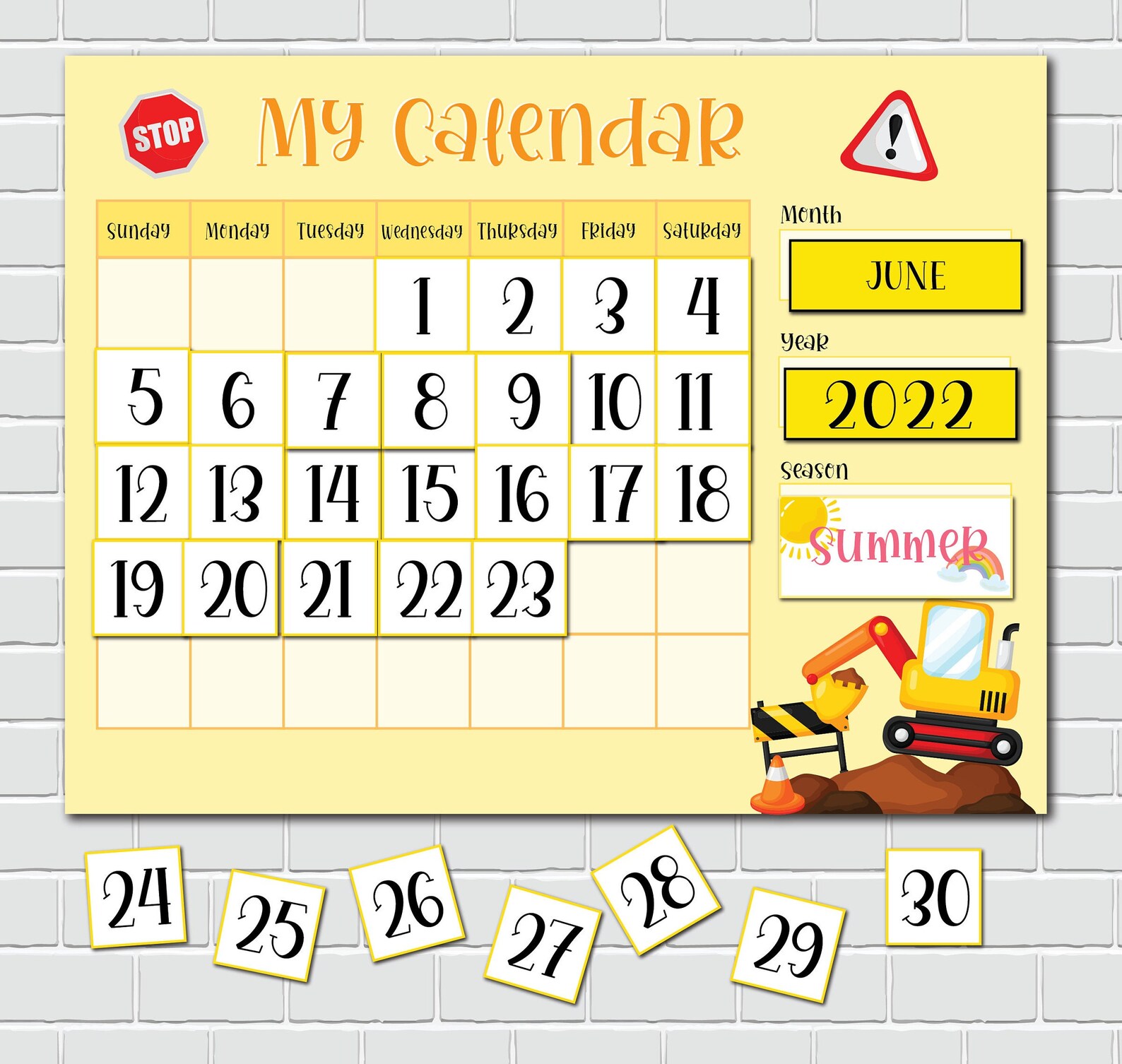 Kids Perpetual Calendar, Construction Theme Wall Calendar, Printable ...